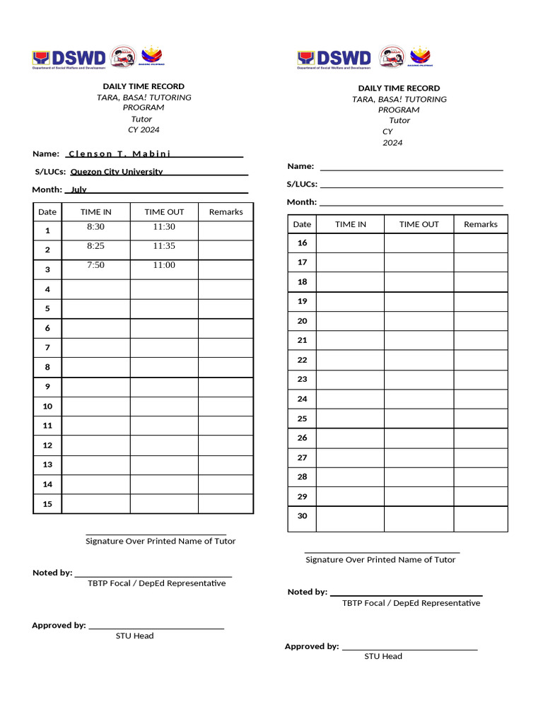 (TEMPLATE) Tutor Daily Time Record | PDF