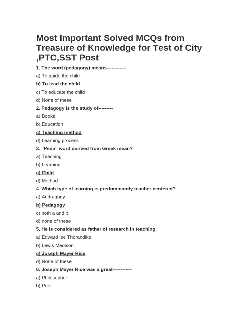 Key Pedagogy MCQs and Insights | PDF | Teachers | Pedagogy