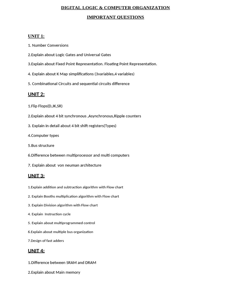 Important Questions on Digital Logic & Computer Organization | PDF