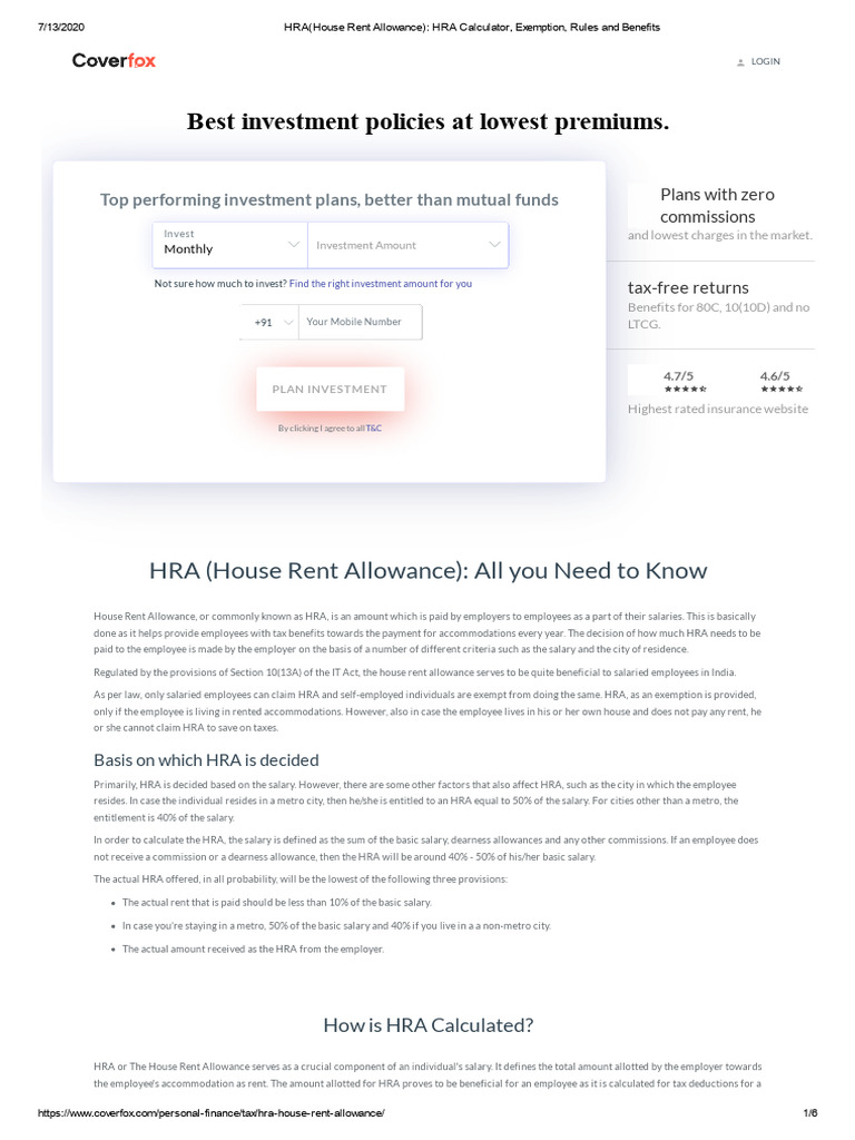 HRA(House Rent Allowance)_ HRA Calculator, Exemption, Rules and ...