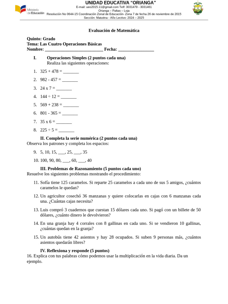 Evaluación de Operaciones Básicas 5to Grado | PDF