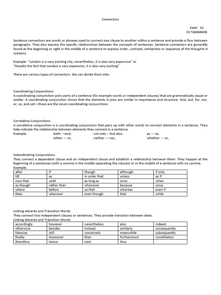 Connectors Rules | PDF | Grammar | Language Mechanics
