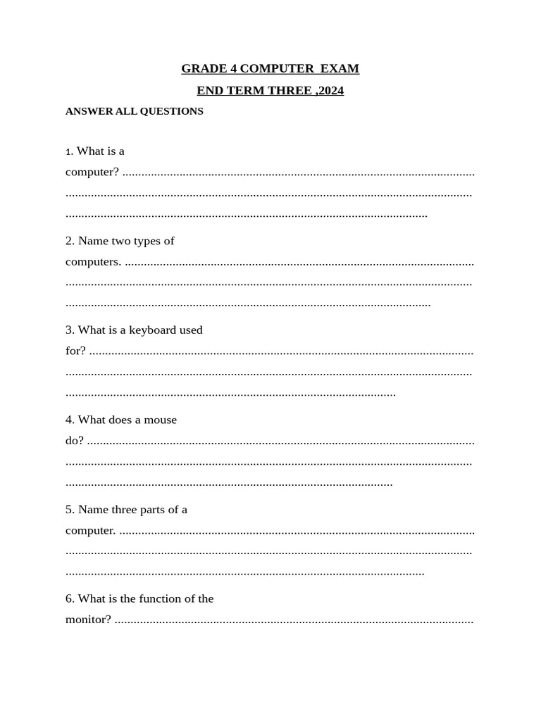 Grade 4 Computer Exam Questions | PDF | Computing | Office Equipment