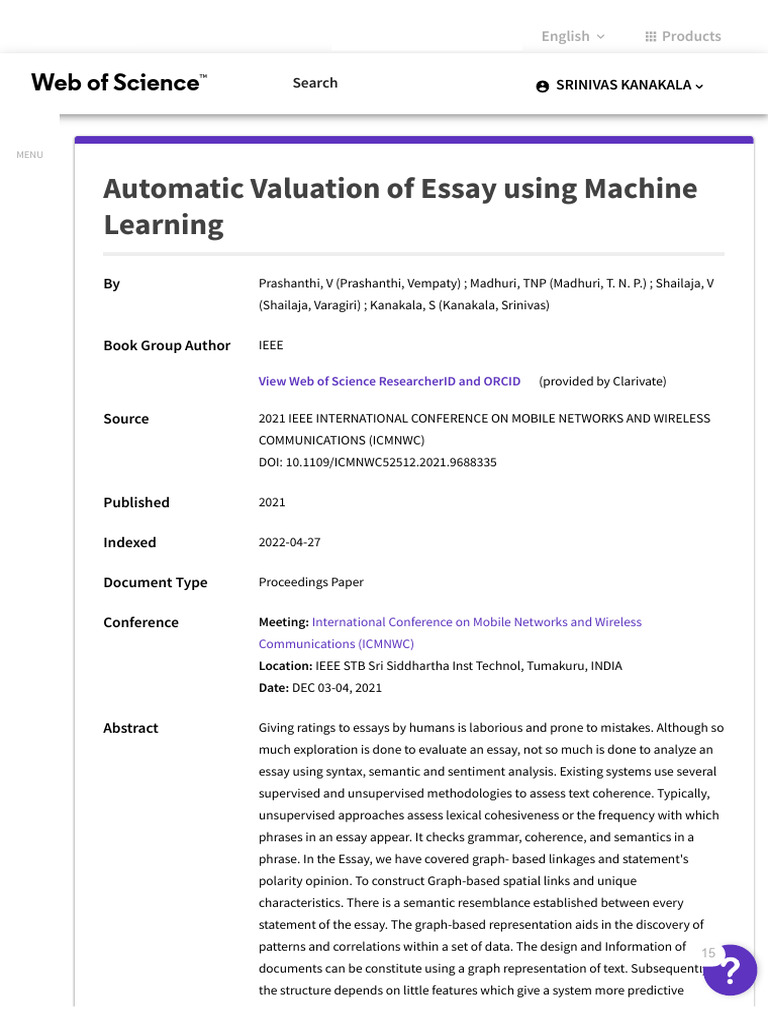 Automatic Valuation of Essay Using Machine Learning-Web of Science Core ...