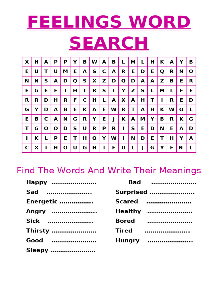 Feelings Word Search Crosswords Fun Activities Games Warmers Coolers | PDF