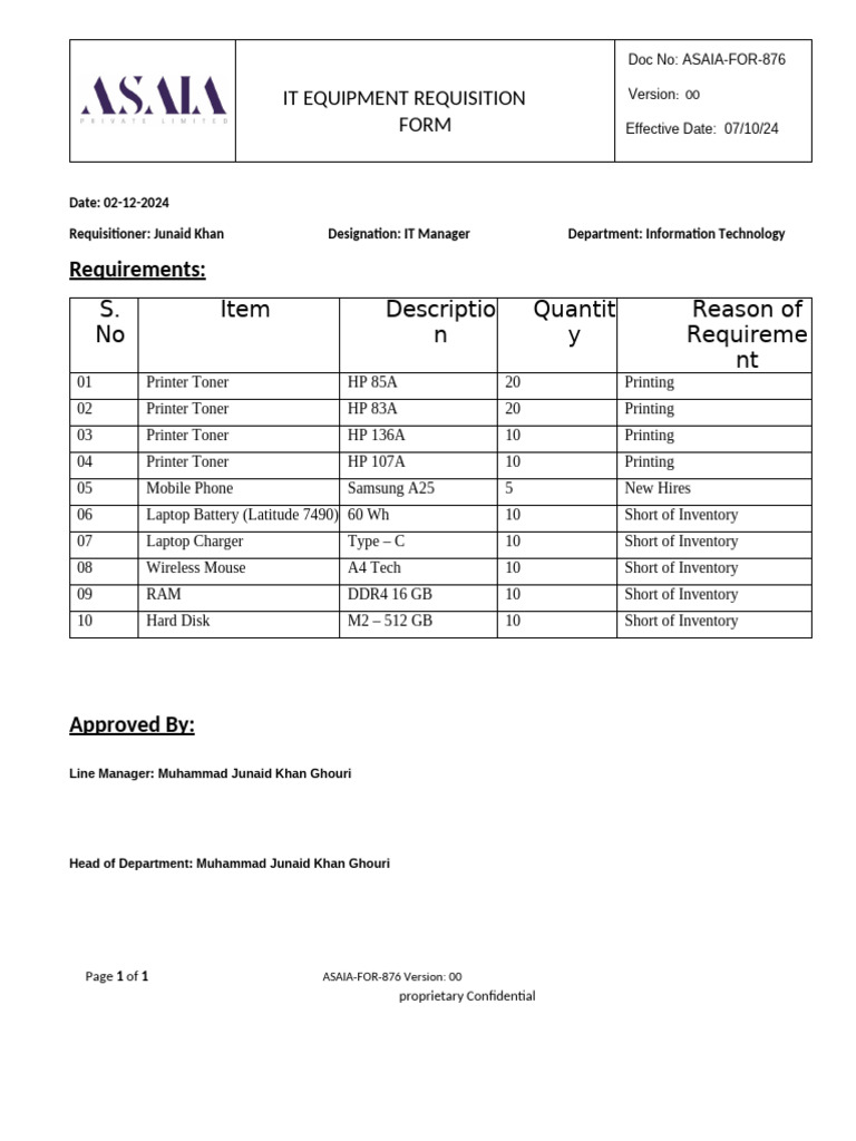 ASAIA-FOR-876 ICT Equipment Requisition Form | PDF