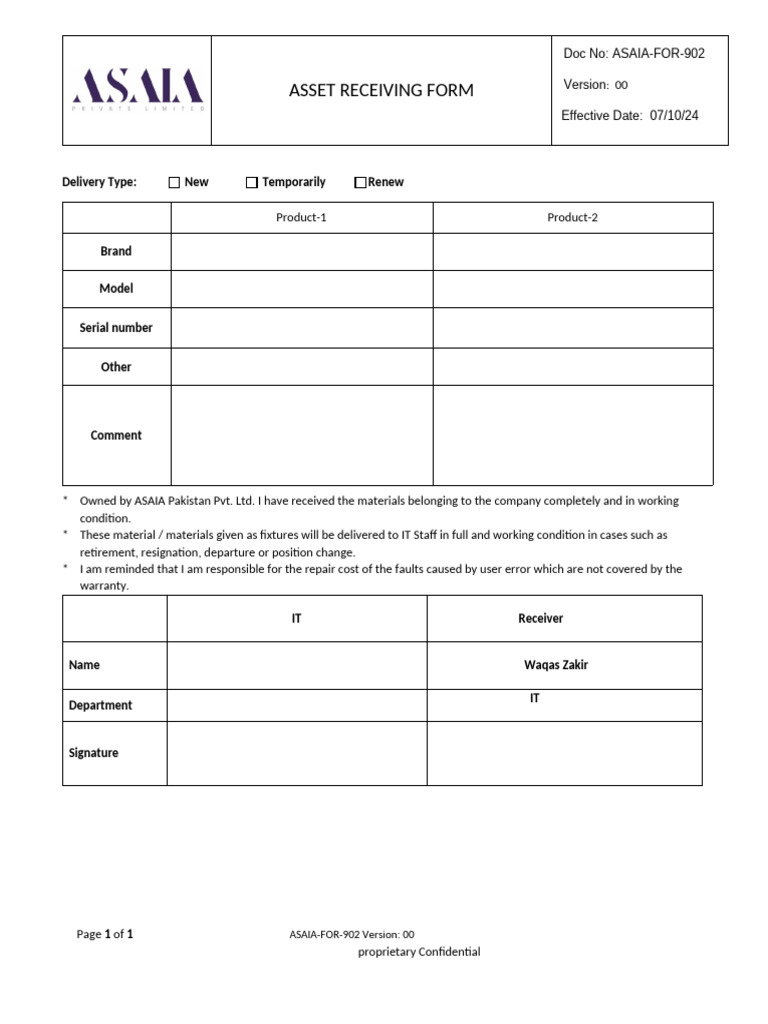 ASAIA-FOR-902 Asset Recieving Form | PDF