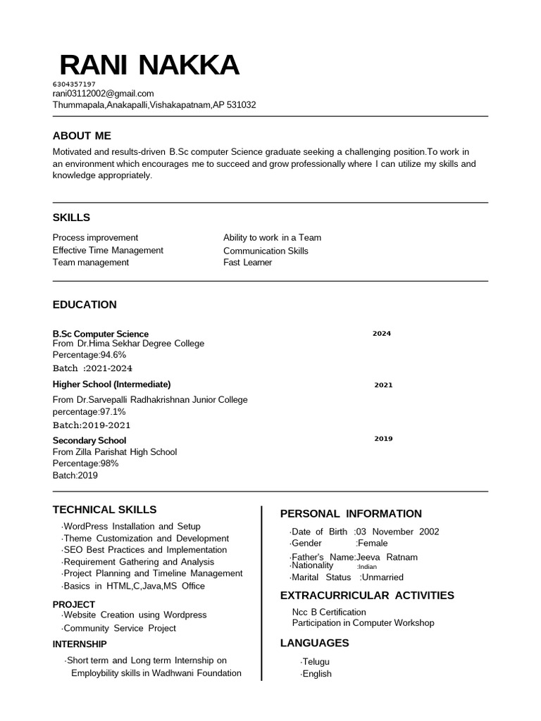 B.Sc Computer Science Graduate Resume | PDF