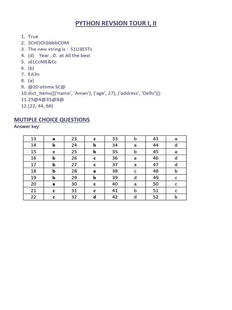 Answer Key Python Revision Tour I, II - 2023-24 | PDF