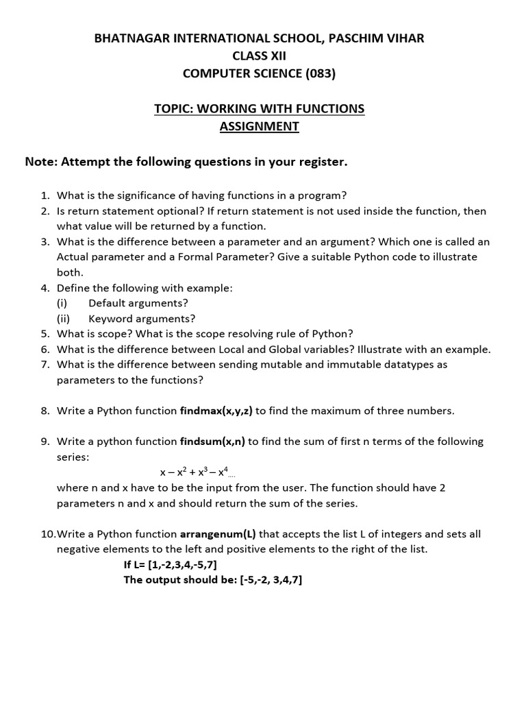 Cs Xii Functions Assignment 2023 24 Pdf Parameter Computer Programming Programming Paradigms