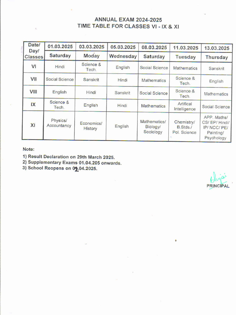 Annual Theory Exam Time Table Vi Ix Xi | PDF