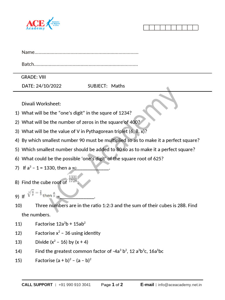 Class 8 Worksheet: Squares and Cubes | PDF