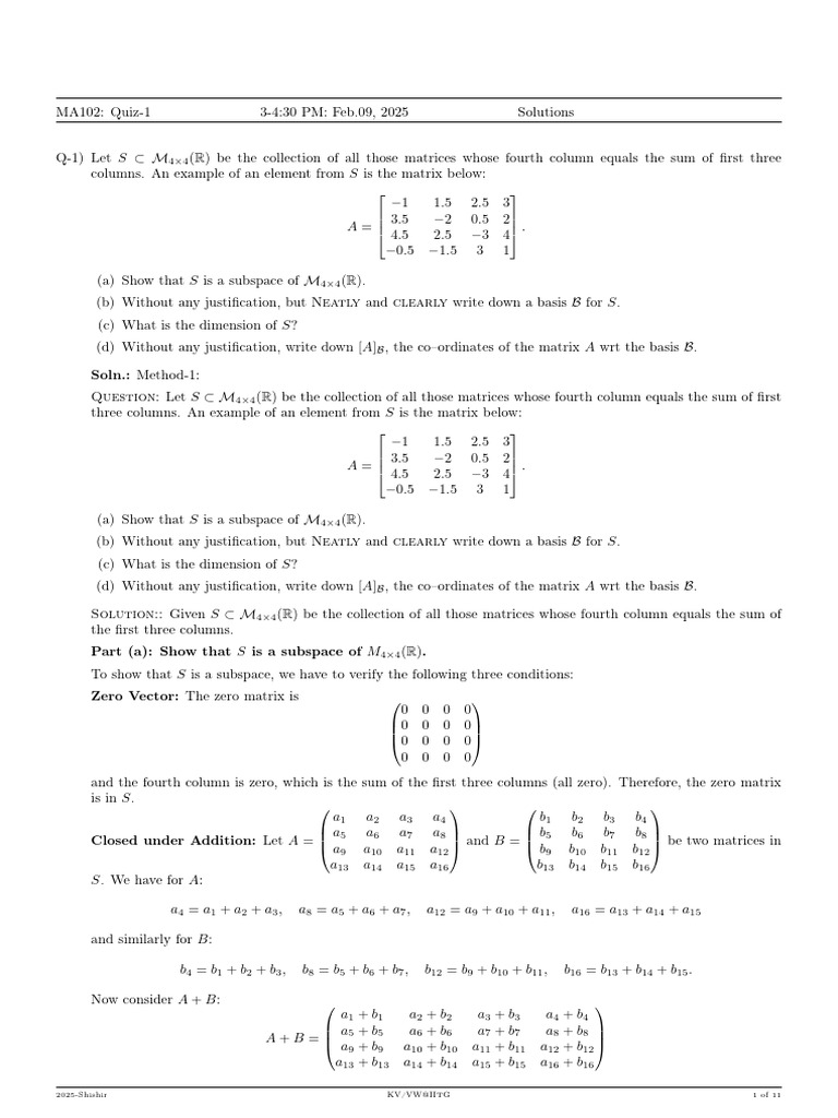 quiz-1-SOLN | PDF | Matrix (Mathematics) | Linear Subspace