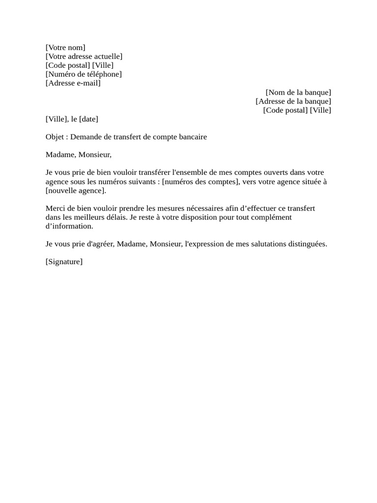 Modele de Lettre de Demande de Transfert de Compte Bancaire | PDF