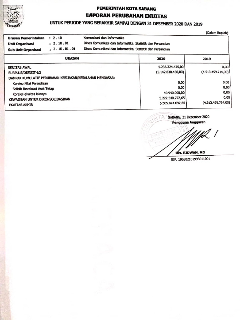 Laporan Perubahan Ekuitas 20201 | PDF