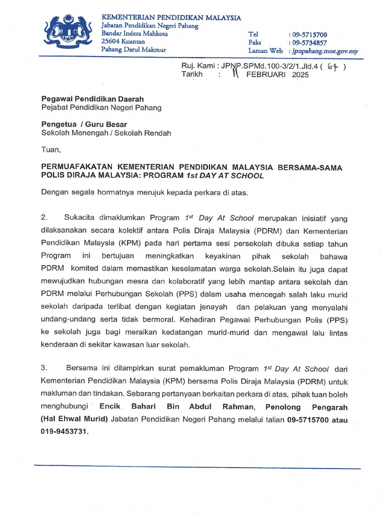 Permuafakatan KPM Bersama-Sama PDRM Program 1st Day at School | PDF