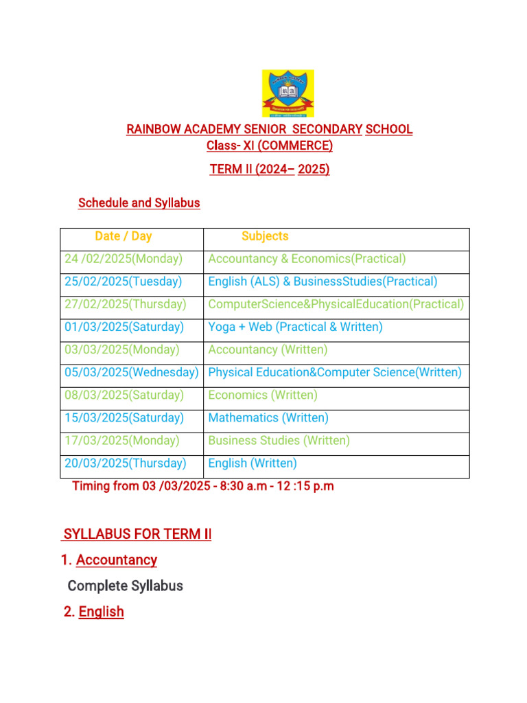 Class XI Commerce Term II Schedule and Syllabus (2024-2025) | PDF