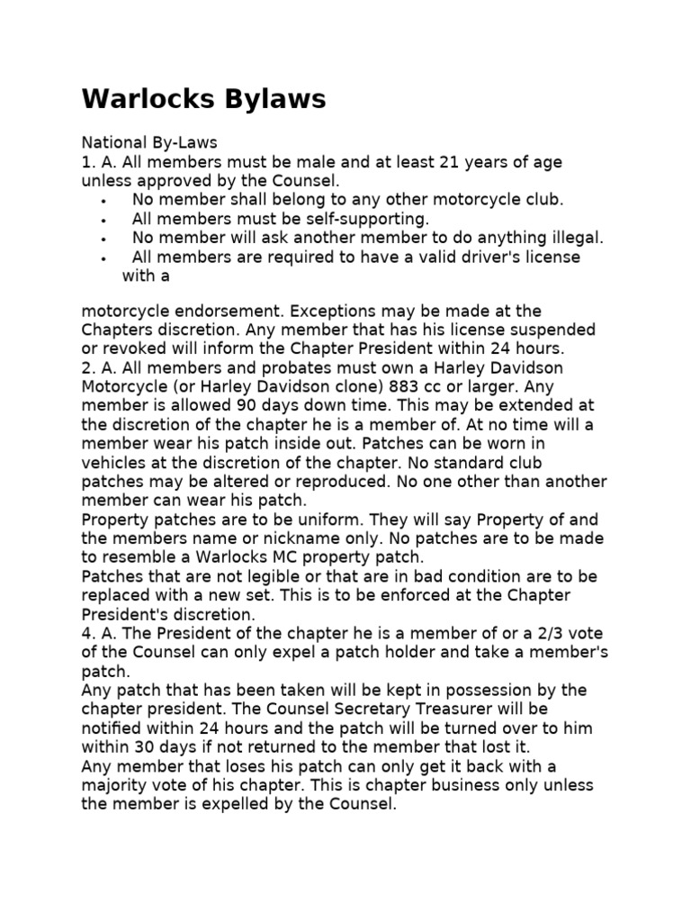 Warlocks Bylaws | PDF | Outlaw Motorcycle Clubs