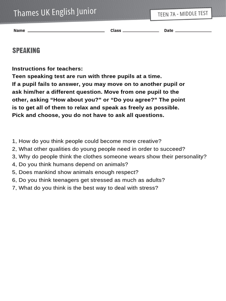 Speaking Test Teen 7A Mid Test | PDF