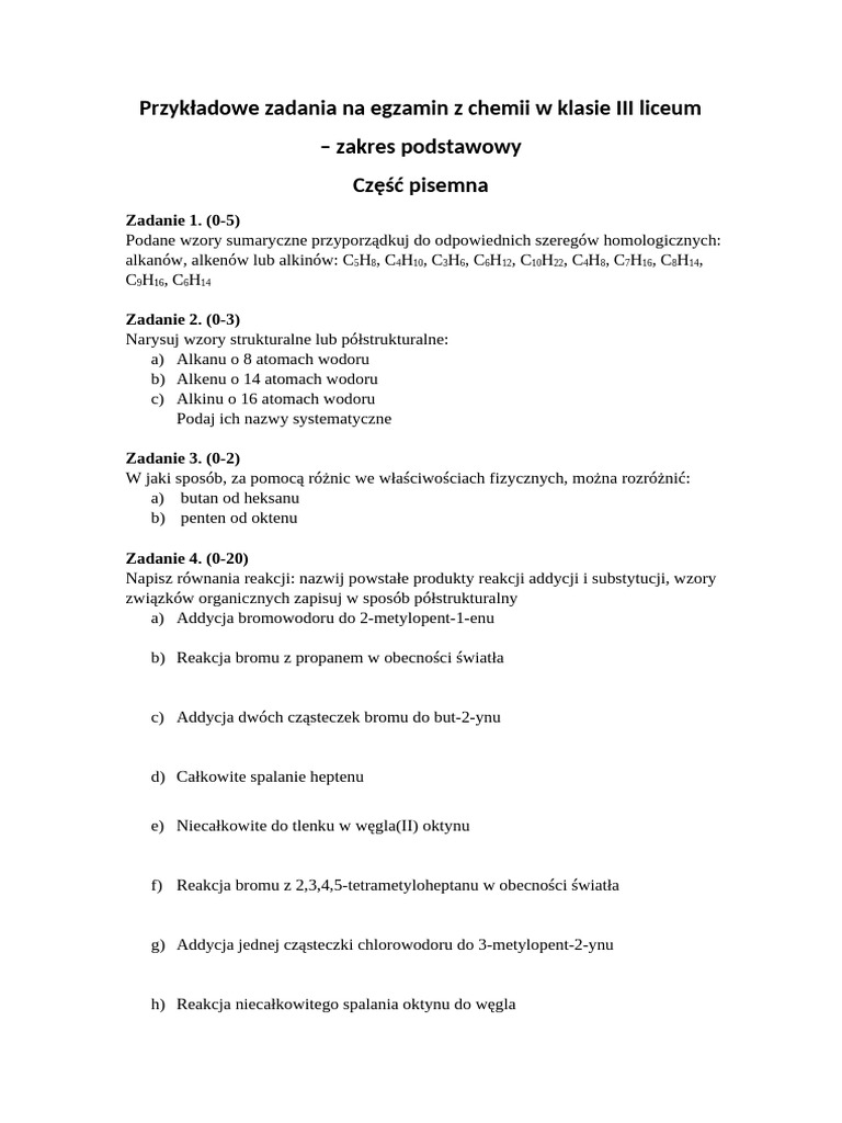 Przykladowe Zadania Na Egzamin Z Chemii W Klasie III Liceum Podstawa | PDF