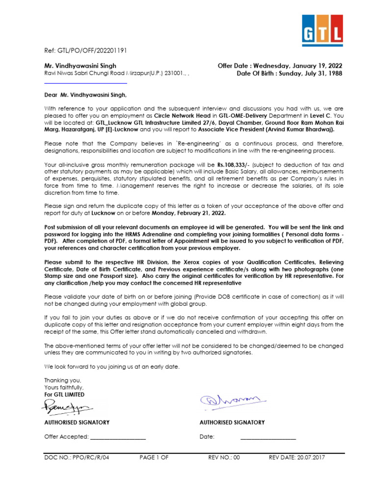 Offer Letter of Vindhyawasini Singh | PDF | Salary | Employee Benefits