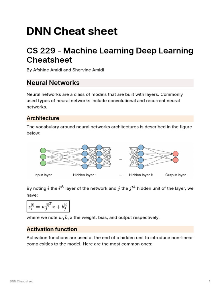 DNN Cheat Sheet | PDF | Deep Learning | Machine Learning