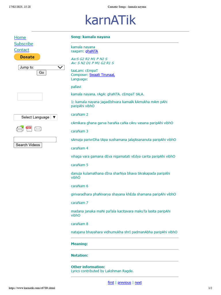 Carnatic Song: Kamala Nayana | PDF | Traditional Music | Musicology