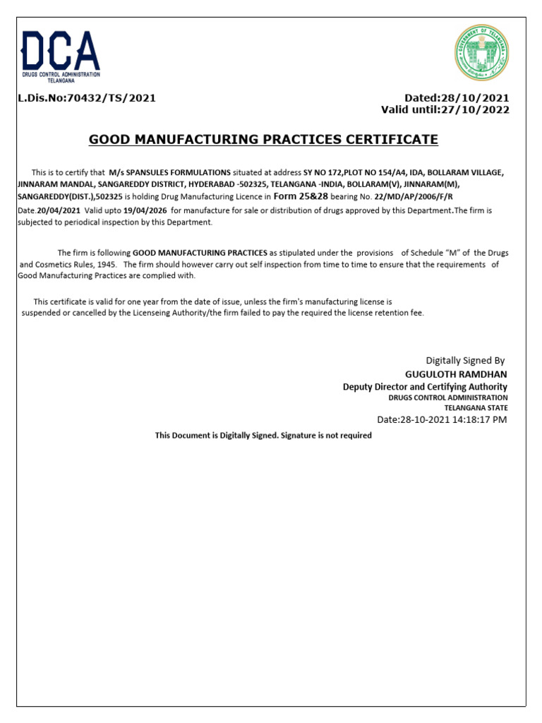 Good Manufacturing Practices Certificate | PDF