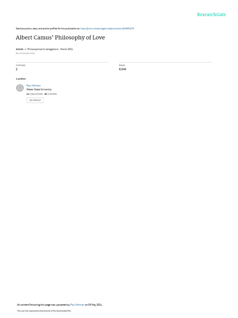 Neiman Paul Albert Camus Philosophy of Love Online Publication | PDF ...