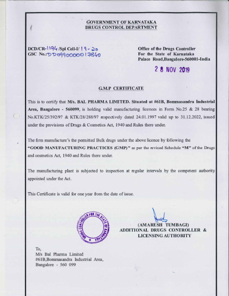 Bal Pharma GMP CERTIFICATE | PDF
