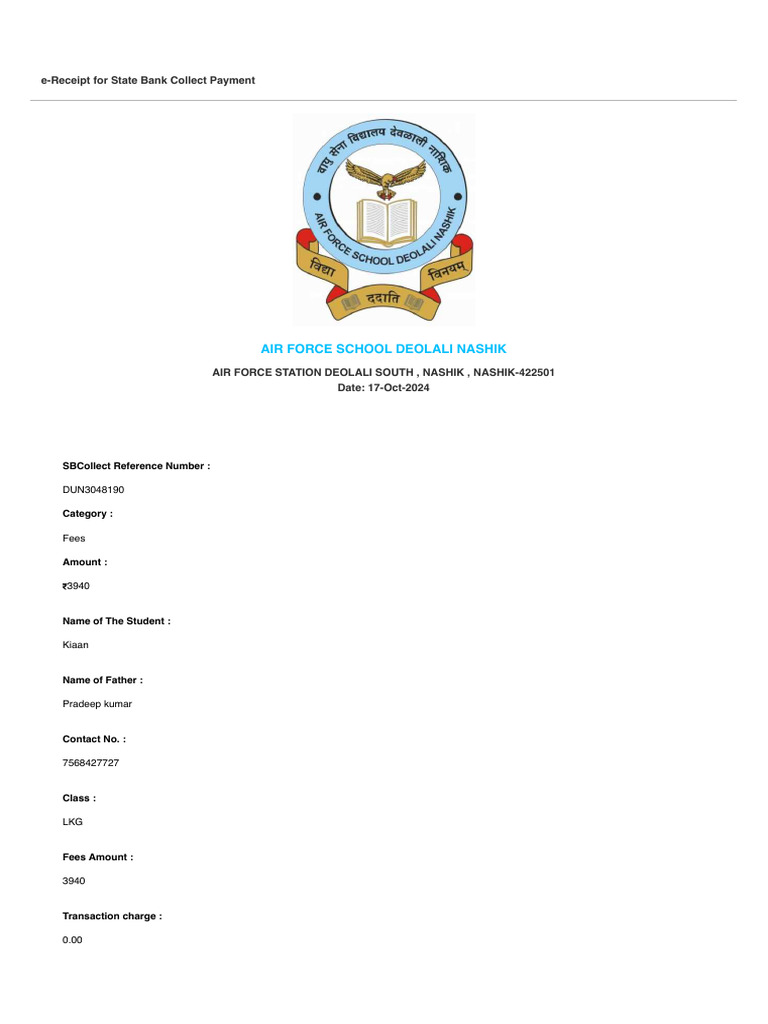 Kiaan LKG Fees Receipt | PDF