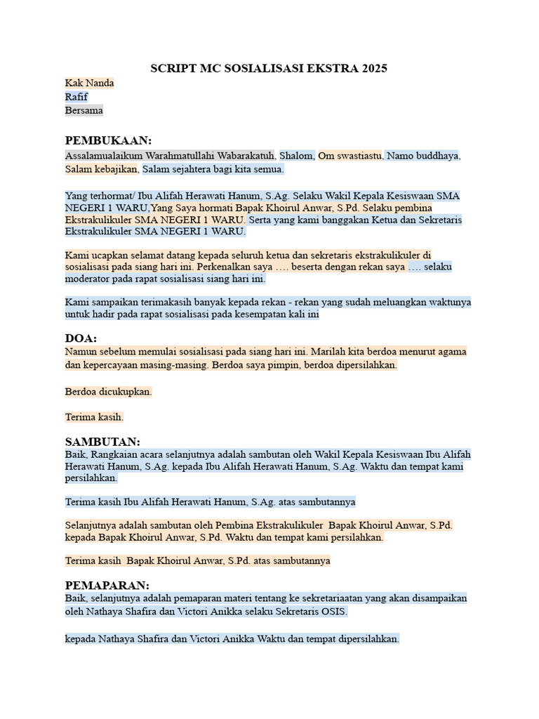 SCRIPT MC SOSIALISASI EKSTRA 2025 | PDF