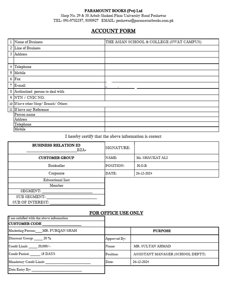 Account Form (The Asian School College Swat) | PDF