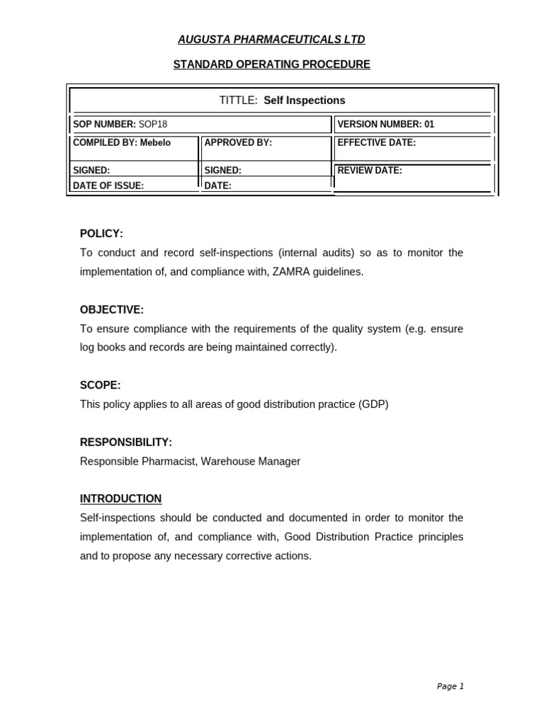 SOP18 SOP For Self Inspection | PDF | Regulatory Compliance | Audit