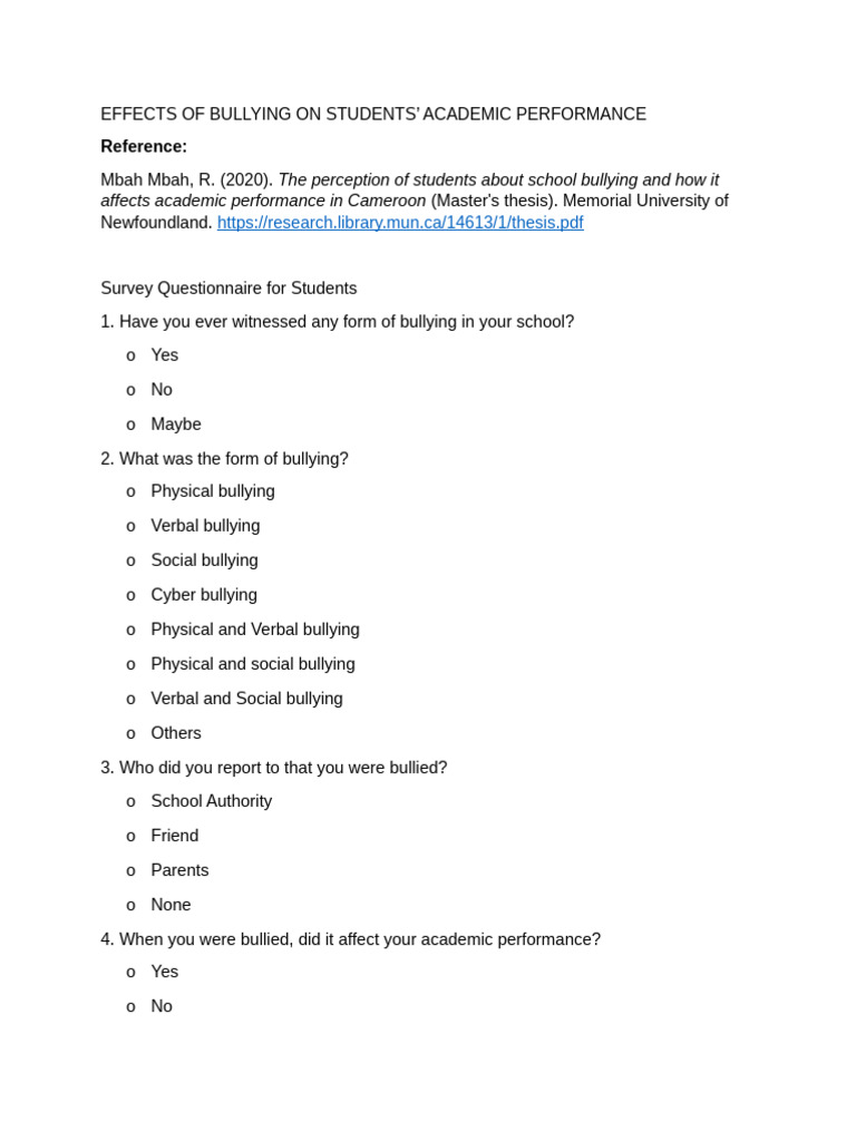 Bullying Survey Questionnaire | PDF | Bullying | Violence