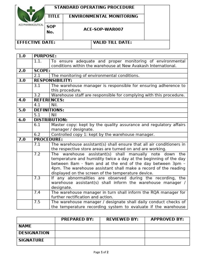 ACE-SOP-WAR007 - Environmental Monitoring | PDF