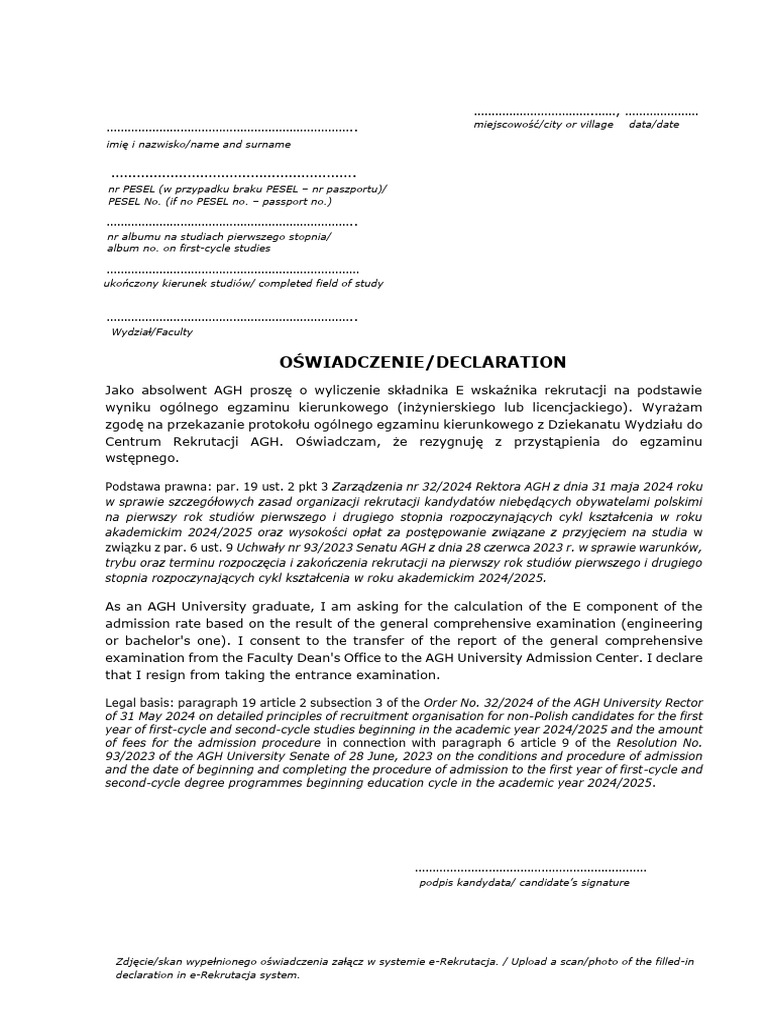 Oswiadczenie Absolwenta AGH Declaration of AGH Graduate 2024-07-10 | PDF