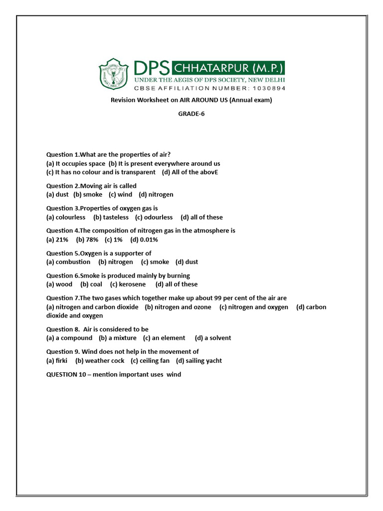 Worksheet On AIR AROUND US Grade 6 | PDF