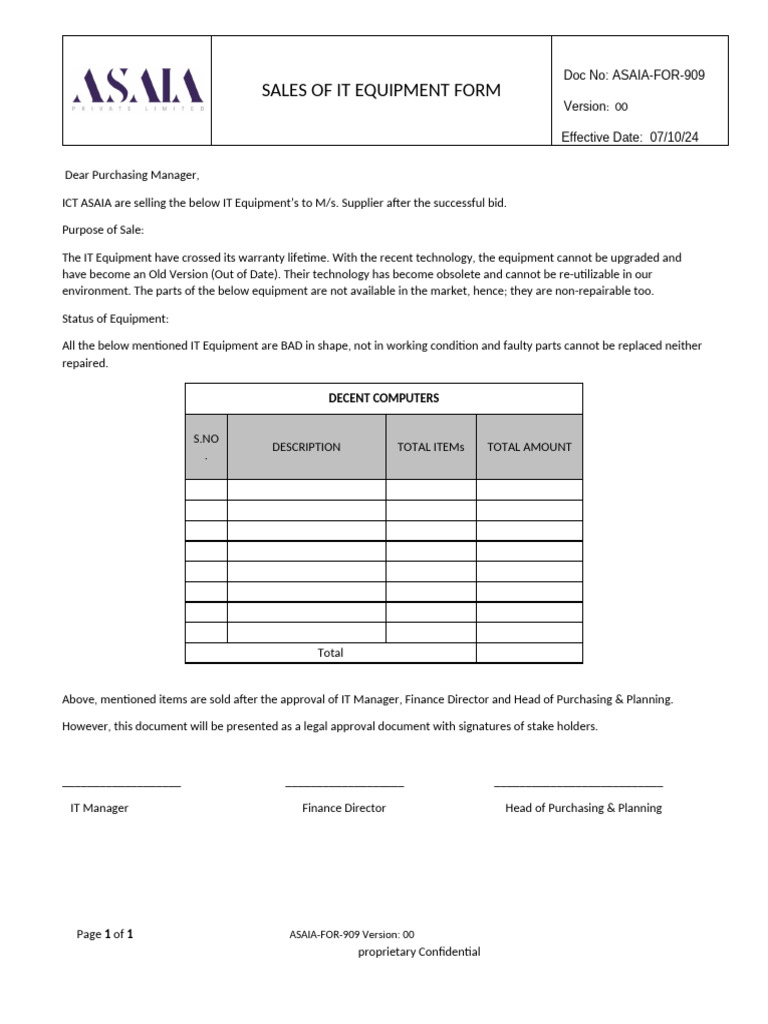 ASAIA-FOR-909 Approval For The Sale of IT Equipment | PDF