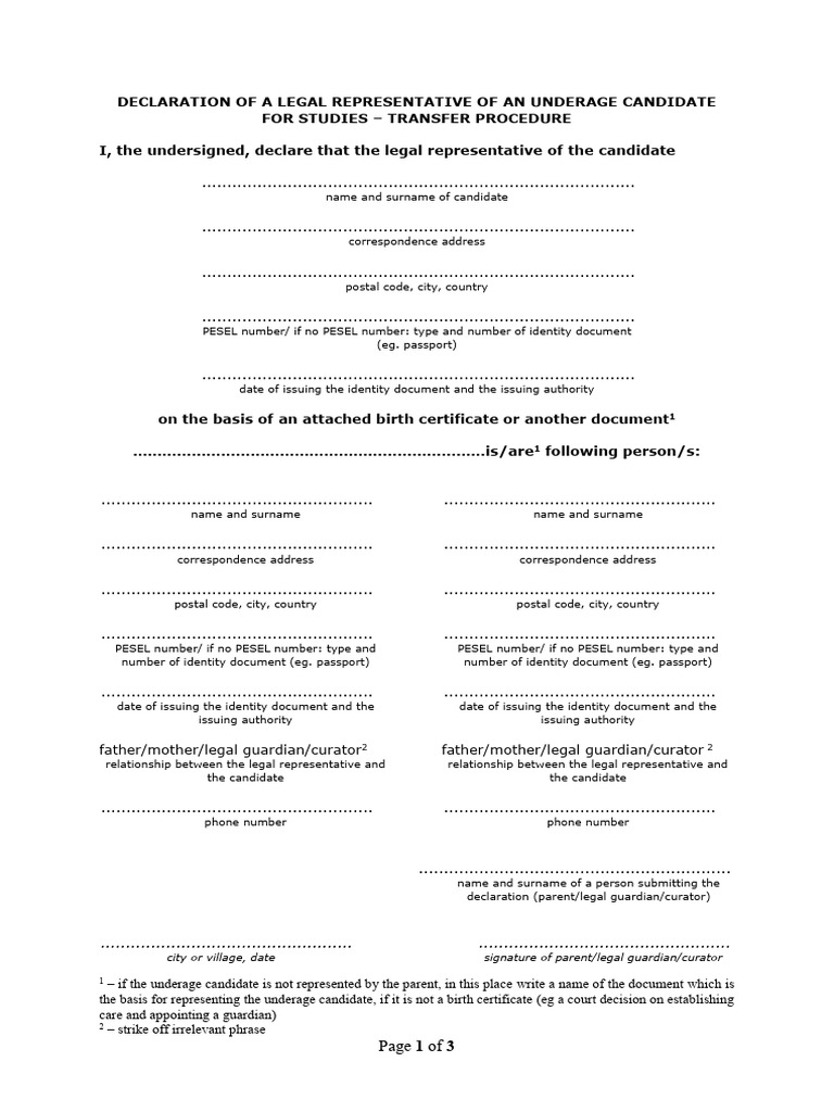 Declaration of A Legal Guardian Transfer | PDF | Identity Document | Birth Certificate