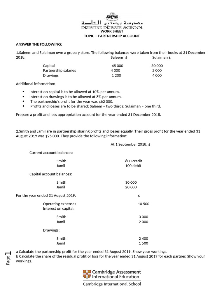 PARTNERSHIP --WORKSHEET --YR 11 | PDF | Partnership | Accounting