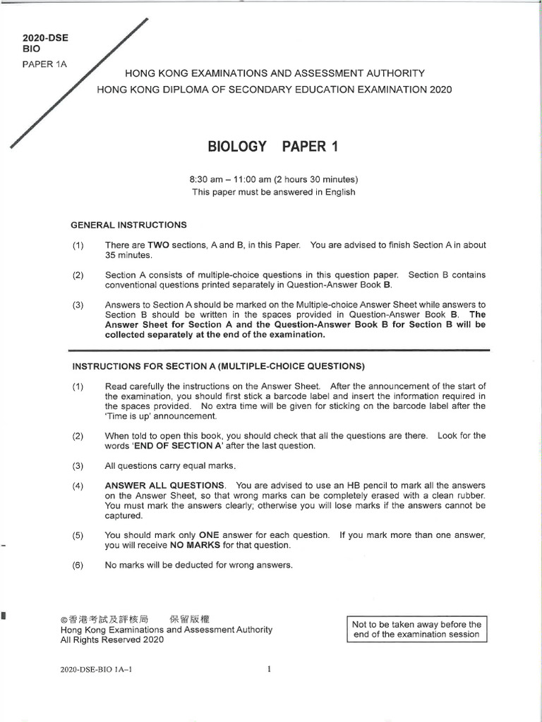 Bio Dse PP 2020 Paper 1a | PDF