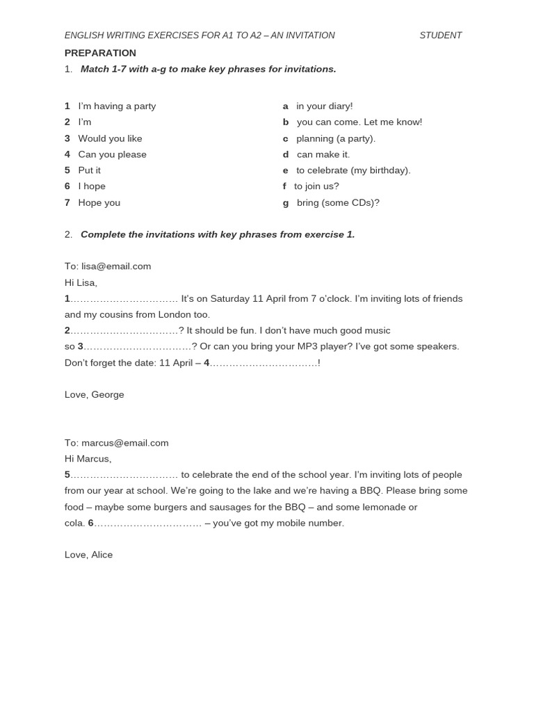 A1 - Writing Exercise - Invitation | PDF | Grammar | Linguistics