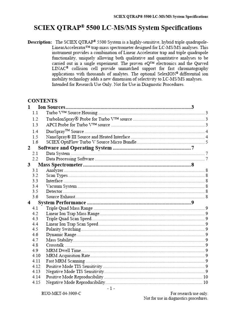 SCIEX QTRAP 5500 System Specification | PDF | Mass Spectrometry | Tandem Mass Spectrometry