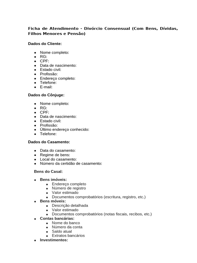 Ficha de Atendimento para Divórcio Consensual | PDF | Divórcio | Casamento