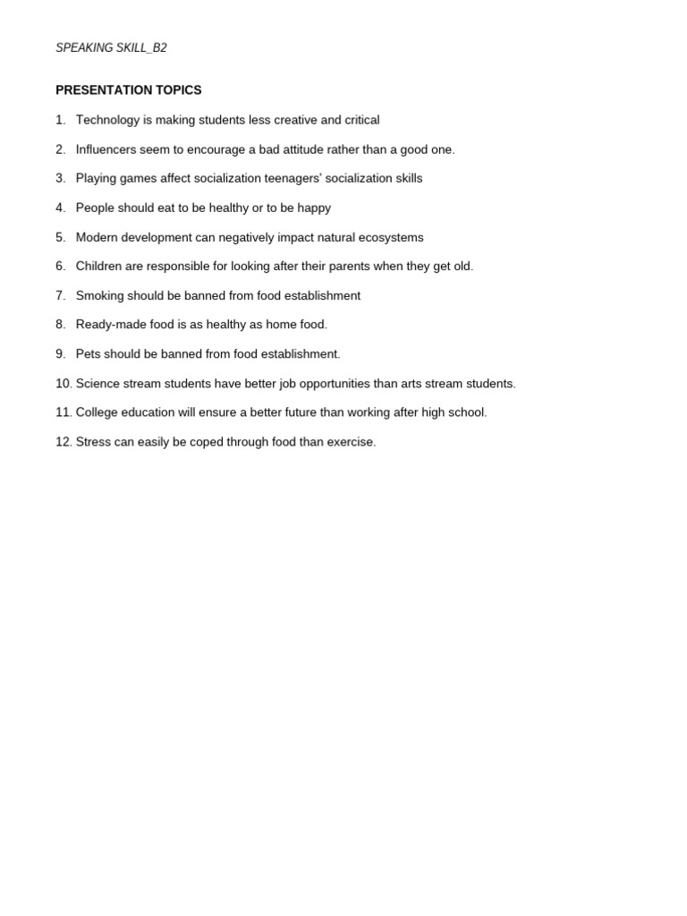 B2 Presentation Topics for Students | PDF