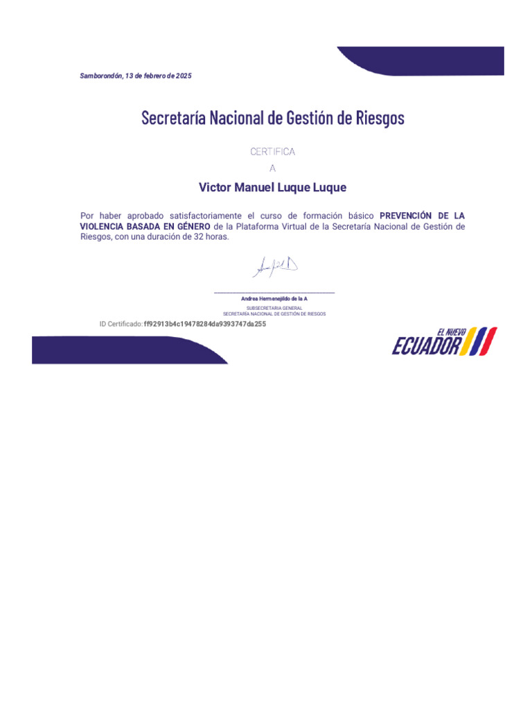 Certificado SNGR CFB4 - Cursos Virtuales de La Secretaría Nacional de ...