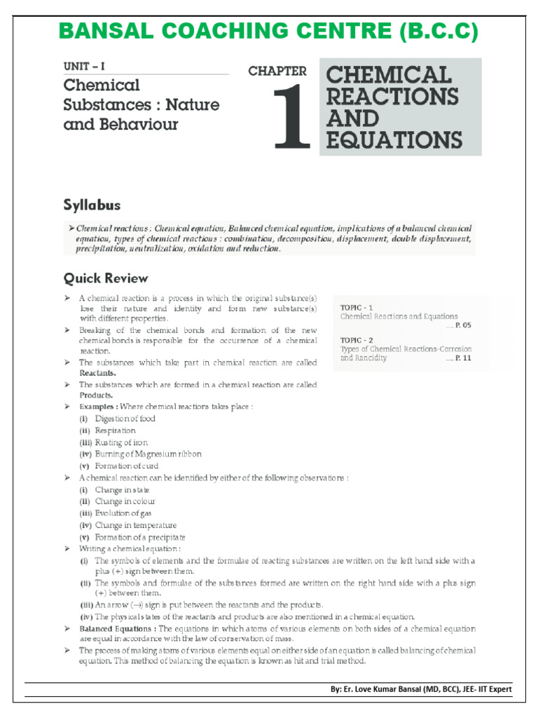 1 Chemical Reactions and Equations | PDF | Unit Processes | Chemistry