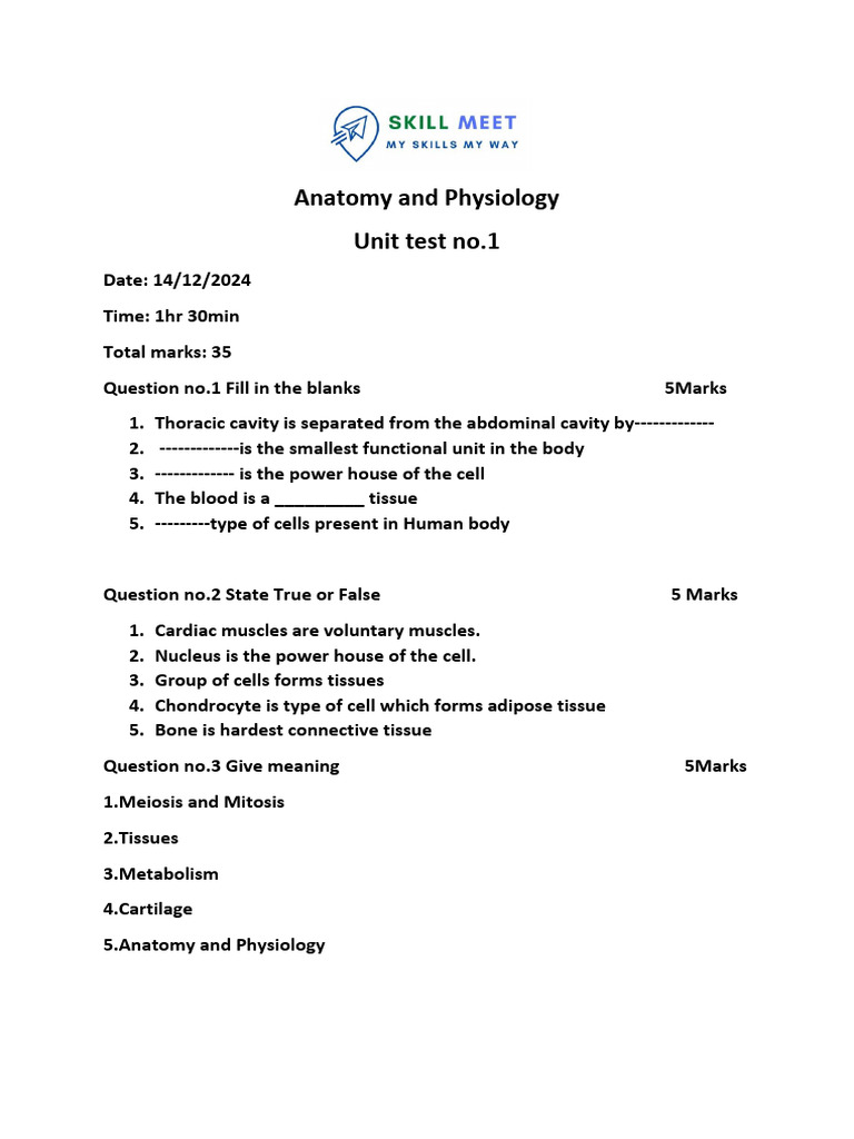 Anatomy & Physiology Unit 1 Test | PDF