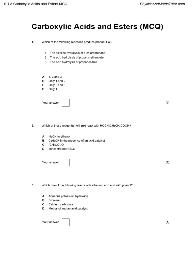 6.1.3 Carboxylic Acids and Esters MCQ | PDF | Acid | Ester